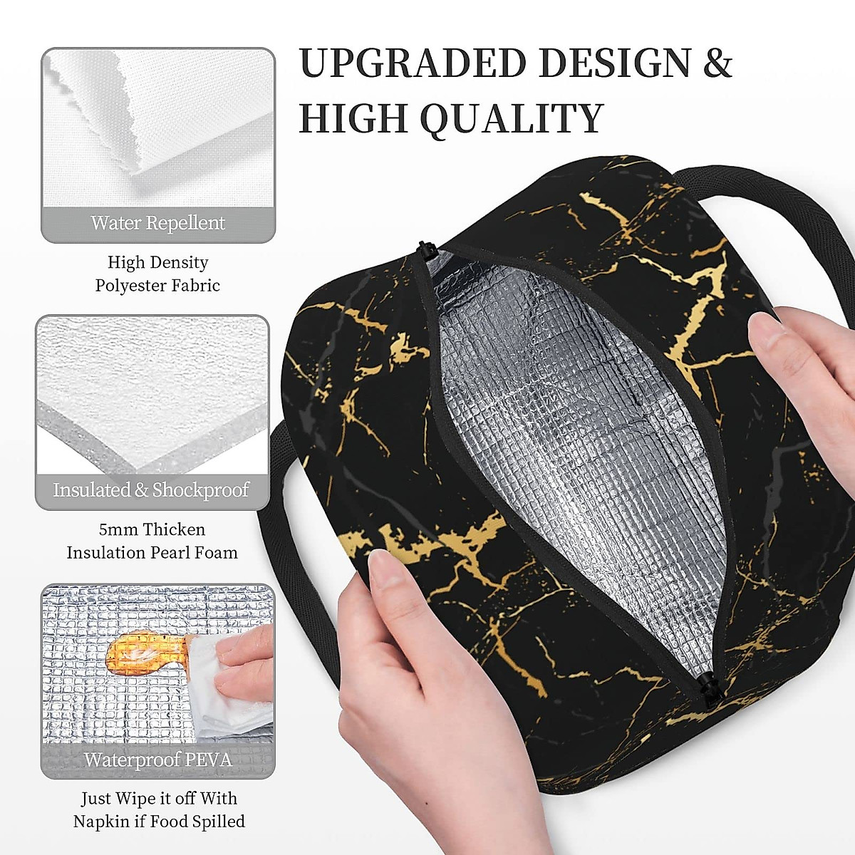Fiokroo Lunch Bag Insulated Black Marble Texture Lunch Box Marbling Reusable Lunch Tote Bag For School Work College Outdoor Travel Picnic, 10l