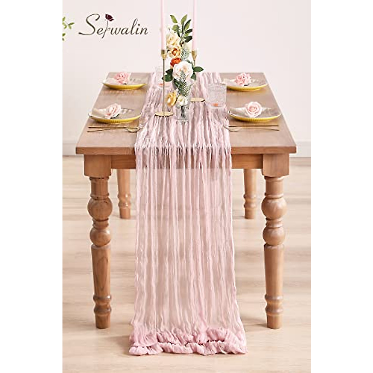 Serwalin Cheesecloth Table Runner 13ft x 35" Gauze Table Runner for Wedding Reception Bridal Shower Baby Shower,Long Pink Table Runner 157” x 35”Rustic Boho Party Table Decor