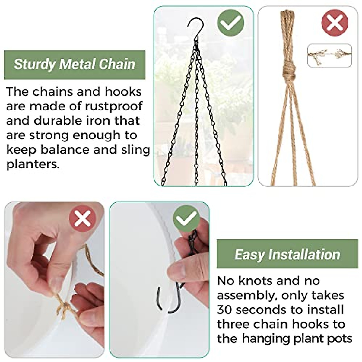 T4U Hanging Planter Self Watering 8 Inch, 2 Pack White Indoor Outdoor Hanging Plant pots, Hanging Flower Pot with Drainage Hole & Plug & Chain with 3 Hooks for Garden Home Decor