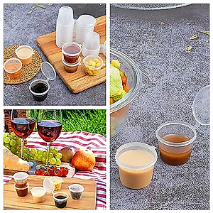 RHBLME 200 Sets Disposable Plastic Portion Cups with Lids, 2 oz Stackable Airtight Souffle Cups, Recyclable Condiment Containers Jello Shot Cups for Sauce Pigment Pills and More