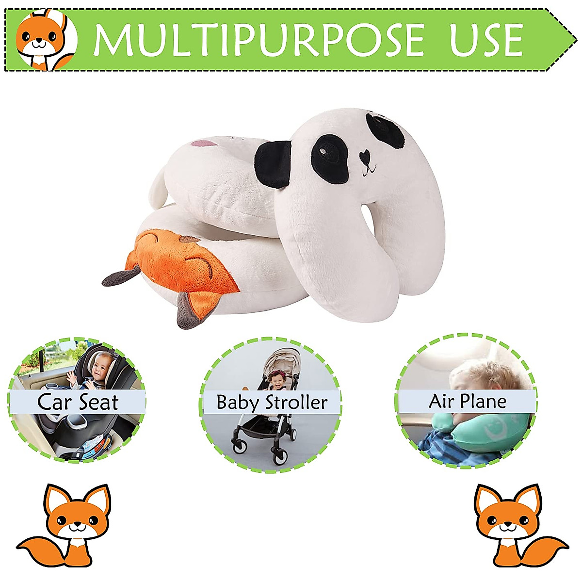 Little Grape Land Kids Travel Pillow 3-8 Y/O - Travel Essentials for Kids Road Trip,Soft Memory Foam Neck Pillows for Airplane,Car Seat,Traveling for Boys/Girls - Orange Fox