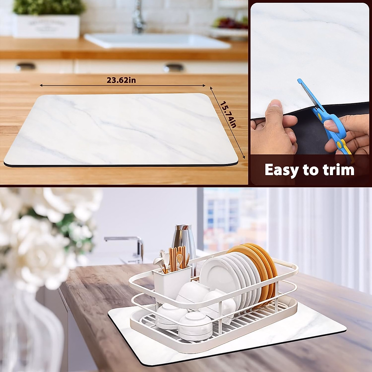 Dish Drying Mat for Kitchen Counter, 16"x24" Super Absorbent Hide Stain Dish Drying Pad with Non-slip Rubber Backed, Quick Drying Mat for Coffee Machine Dish Rack（Whtie Marble）