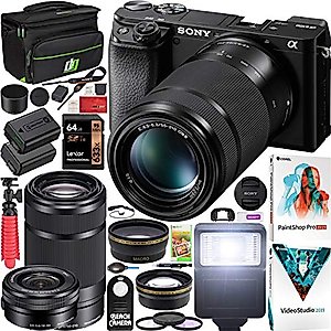 Sony a6100 Mirrorless Camera 4K APS-C ILCE-6100YB with 2 Lens Kit 16-50mm + 55-210mm and Deco Gear Case + Extra Battery + Flash + Wide Angle & Telephoto Lens + Filter Kit + 64GB Accessories Bundle