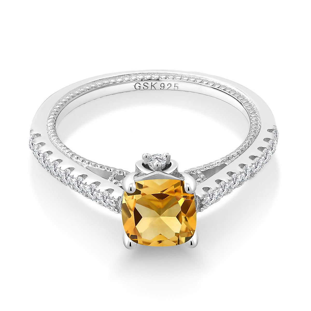 Gem Stone King 925 Sterling Silver Yellow Citrine and White Created Sapphire Engagement Ring For Women (1.20 Cttw, Cushion 6MM, Gemstone November Birthstone, Available In Size 5, 6, 7, 8, 9)