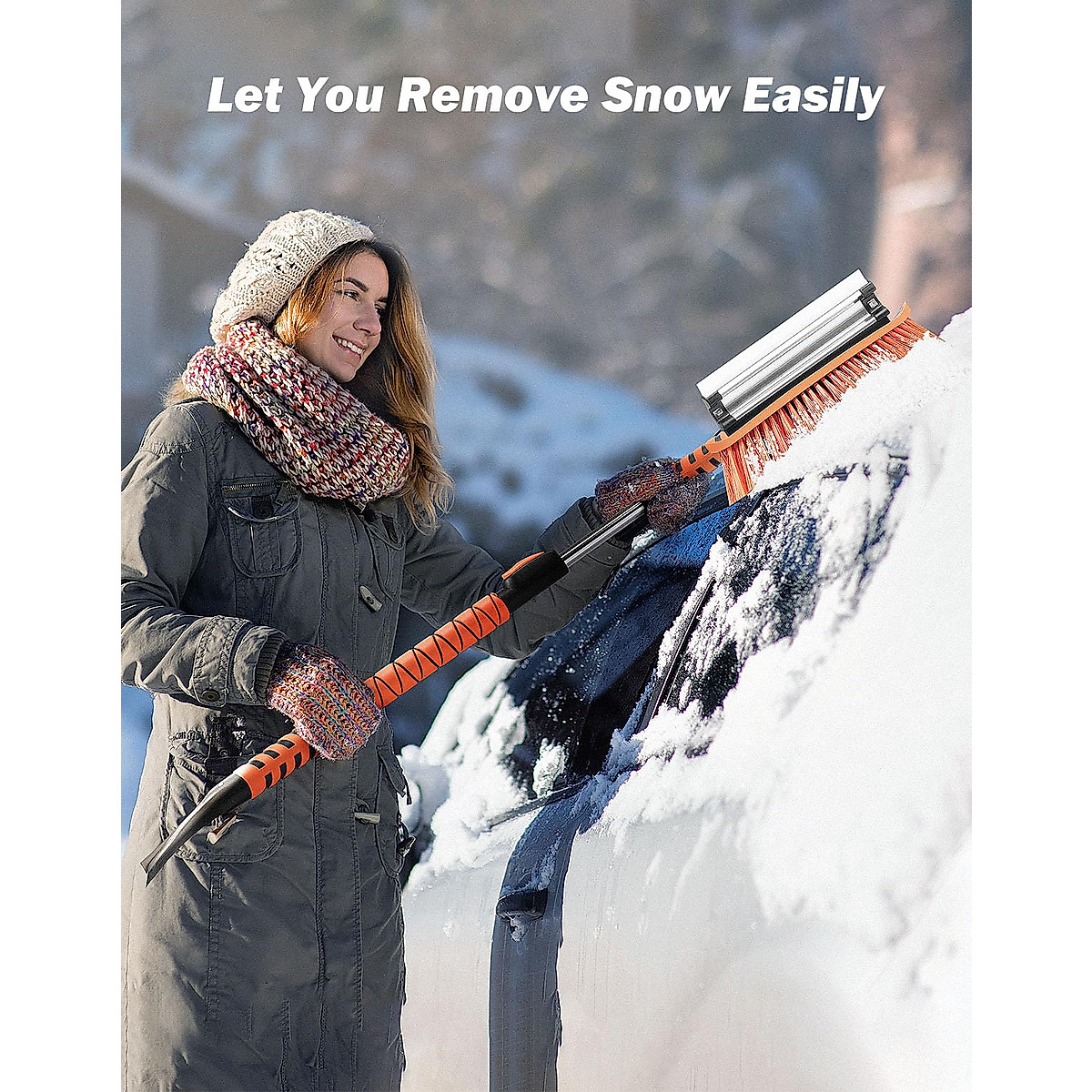 JOYTUTUS 41.5IN Extendable Snow Brush and Ice Scraper, 270°Pivoting Snow Scraper Brush for Car Windshield, Telescoping Ice Scraper, Foam Grip, Heavy Duty Snow Remover for Cars, Trucks, SUV (Orange)