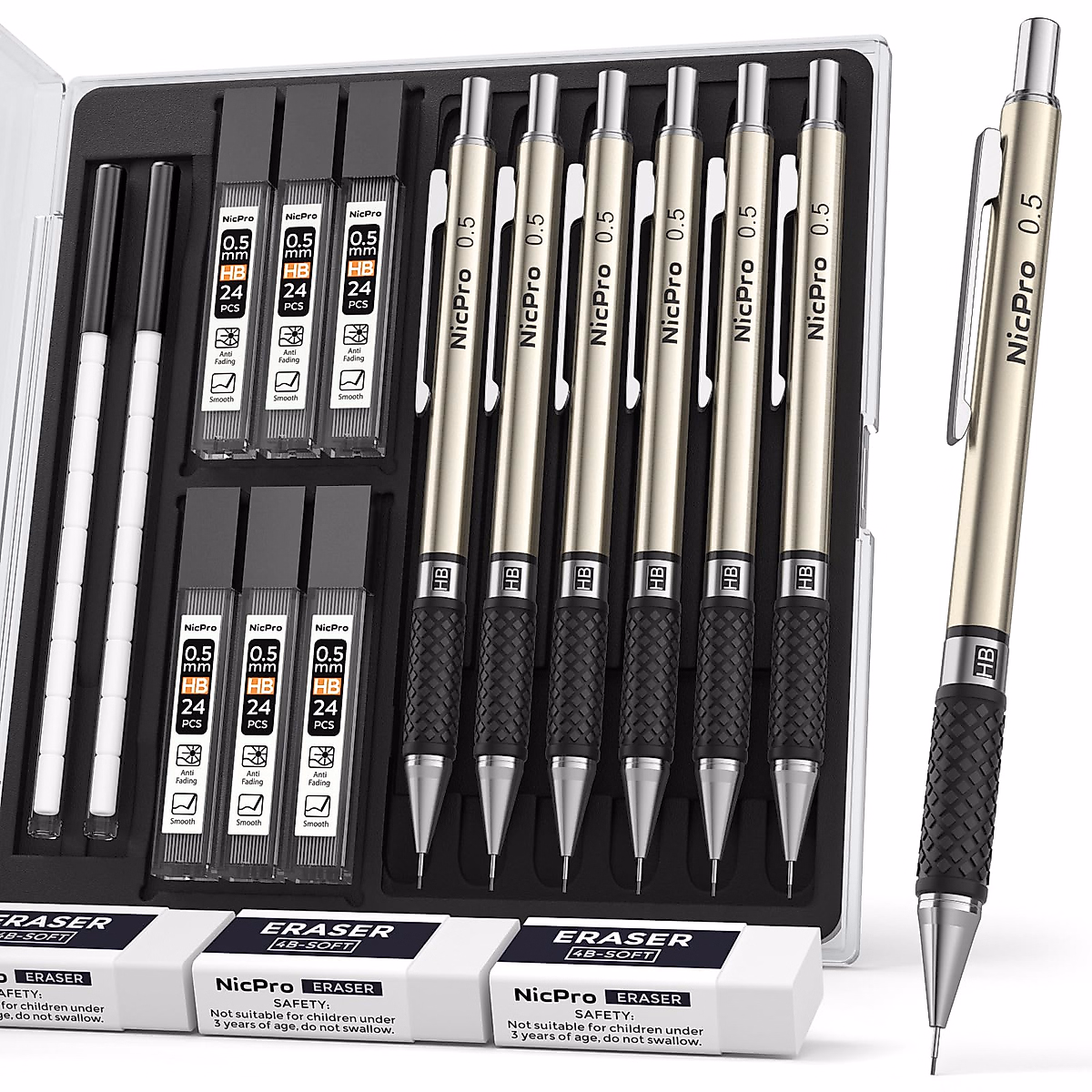 Nicpro 0.5 mm Art Mechanical Pencils Set in Gift Case, 6 PCS Metal Drafting Pencil 0.5mm with 6 Tube HB Lead Refills & 18 PCS Eraser Refills for Adults, Children, Artist Writing, Drawing, Sketching