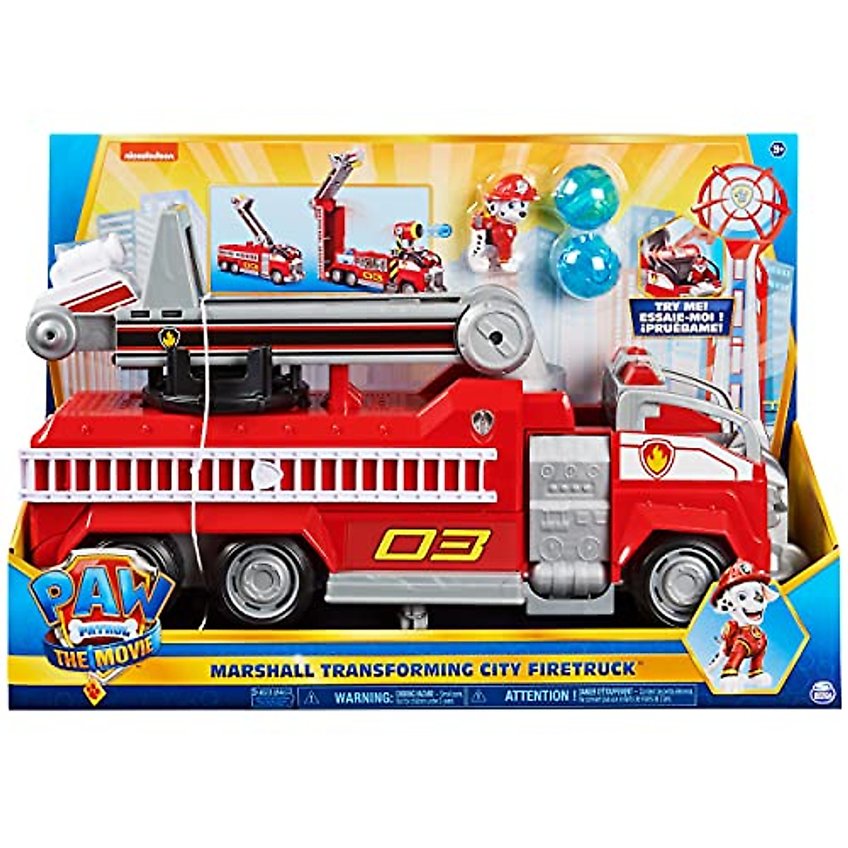 Paw Patrol, Marshall’s Transforming Movie City Fire Truck with Extending Ladder, Lights, Sounds and Action Figure, Kids Toys for Ages 3 and up