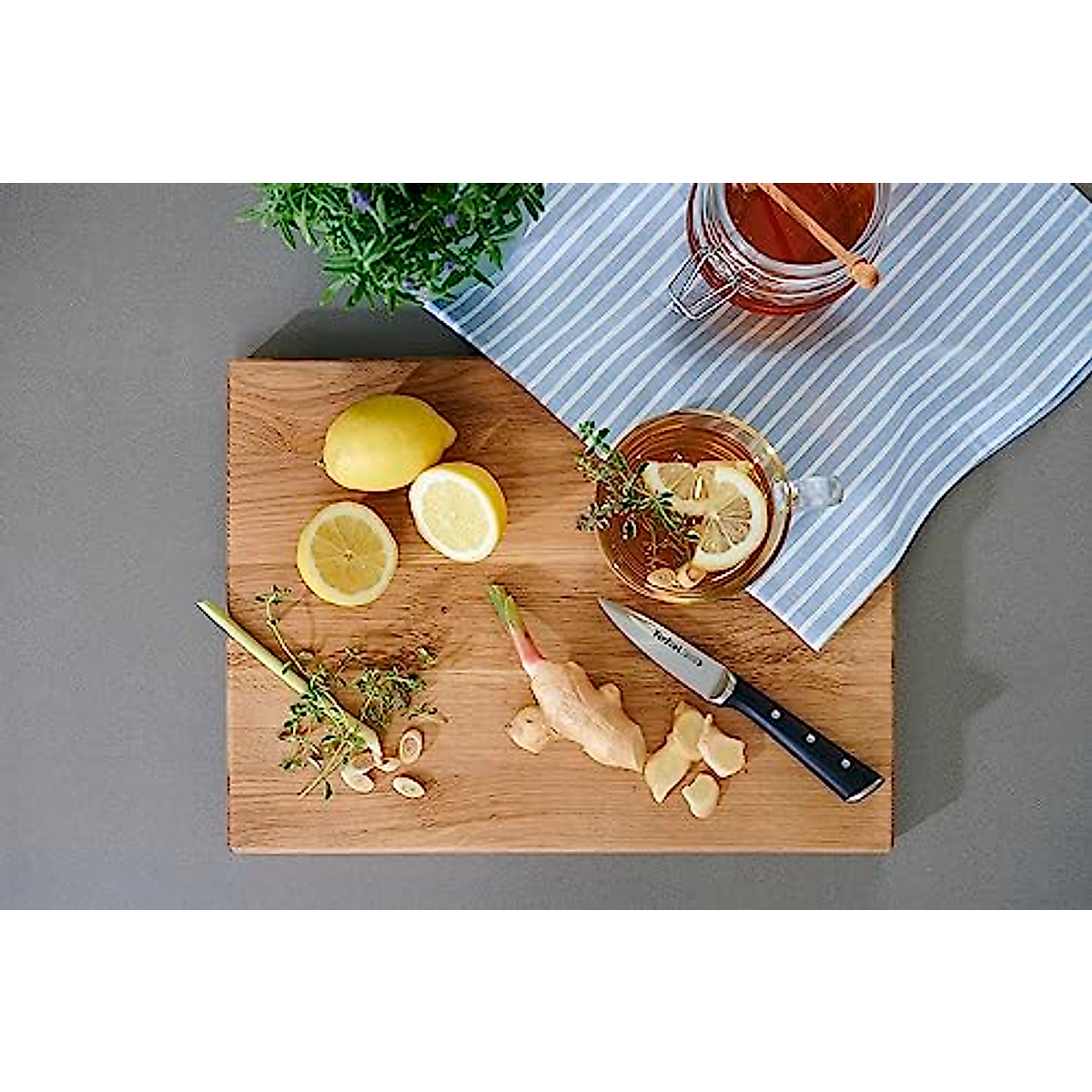 Tefal Ice Force K232S574 Wooden Block with 5 Slots and 5 Knives: Bread Knife 20 cm / Chef Knife 20 cm / Santoku Knife 18 cm / Paring Knife 11 cm / Carving Knife 9 cm