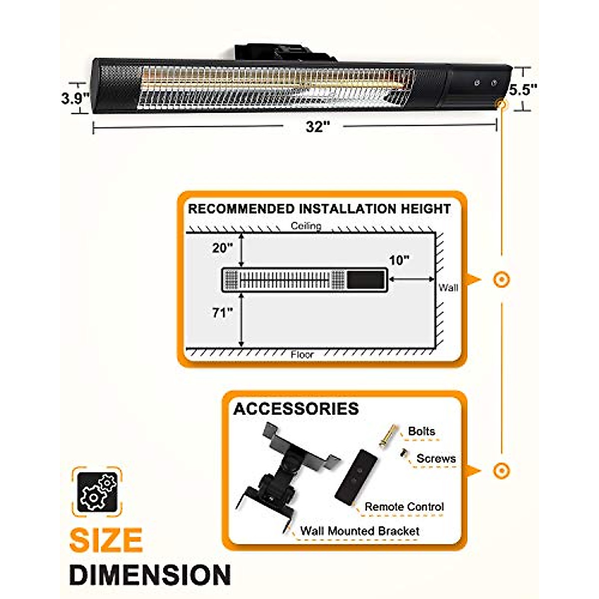Star Patio Electric Patio Heater, Outdoor Wall Mounted Heater, Infrared Heater with Remote, Instant Heating1500W, IP55 Waterproof Outdoor Heaters, Without Bright Light, STP2580-RM-S