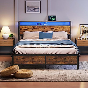 Anwick Industrial Full Bed Frame with LED Light Headboard, Metal Platform Bed with USB Charging Station, Under Bed Storage, No Box Spring Needed (Black, Full)