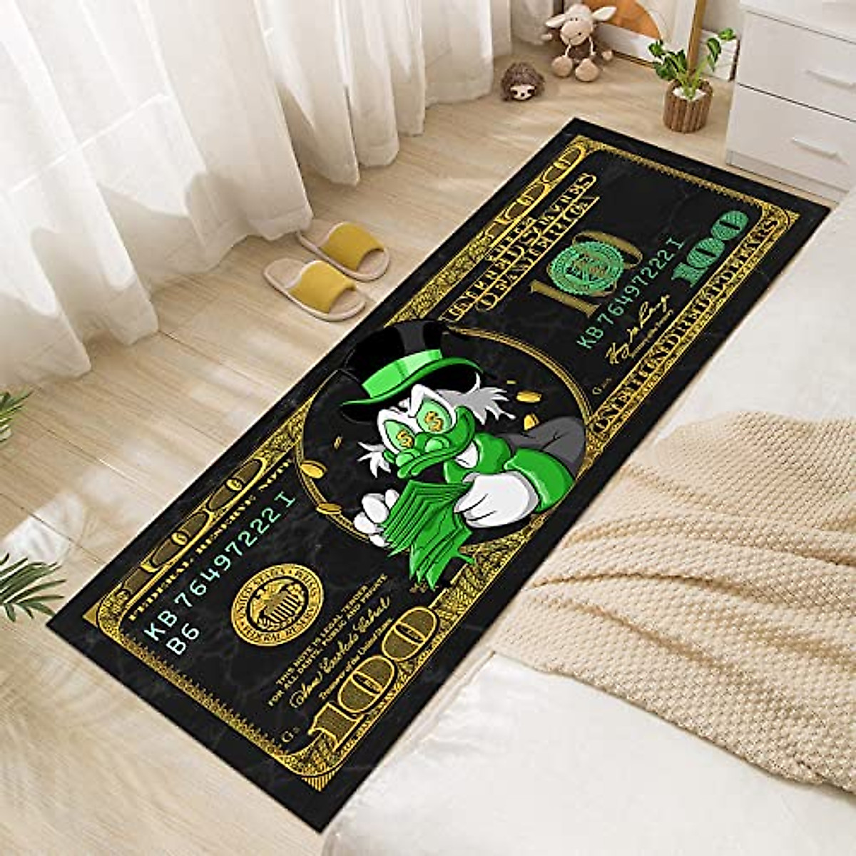 100 Dollar Bill Rug Funny Black Gold Runner Rugs Green Cartoon Duck Money Rug Inspirational Area Rugs PVC Backed Mats Carpets Laundry Room Rug Kitchen Rug Cool Rug for Bedroom Bathroom 59"x24"