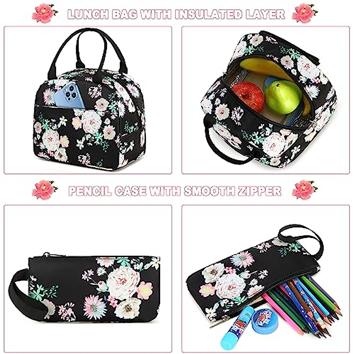School Backpack Girls Floral Bookbag Teens Water-resistant Schoolbag Kids Insulation Lunch Bag and Pencil Case
