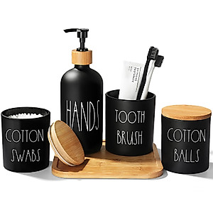 ALPIRIRAL Matte Black Bathroom Accessories Set, 5 Pcs Glass Bathroom Accessory Set with Bamboo Tray, Soap Dispenser and Toothbrush Holder Set, Qtip Holder Set, Farmhouse Boho Bathroom Set Complete