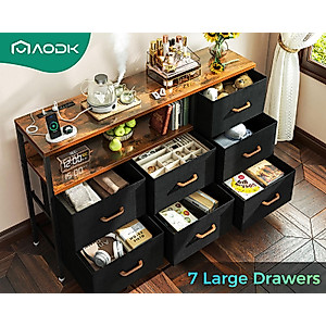 AODK Dresser with Charging Station, 52-Inch Long Dresser for Bedroom with 7 Large Fabric Drawers, Dresser TV Stand with Open Shelves for 55-Inch TV, Vintage