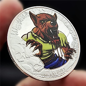 European and American Halloween Cultural Commemorative Coins Werewolf Commemorative Coins Foreign Currency Wolf Coins Painted Silver-Plated Commemorative Coins