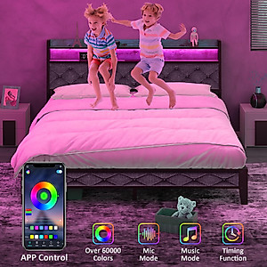 Winkalon Queen Bed Frame with Ergonomic Headboard, Platform Bed Frame with RGB Lights, Outlets & Charger, Fast Assembly Bed Queen Size, Modern Wood Upholstered Headboard,Gray