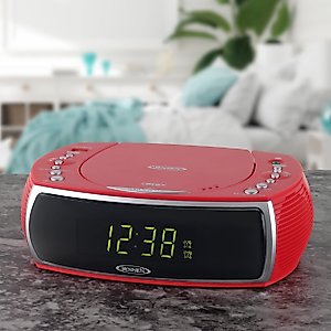 Jensen Red Modern Home CD Tabletop Stereo Clock Digital AM/FM Radio CD Player Dual Alarm Clock CD Top-Loading Player | USB Charging Port DV 5V 800mA | Headphone Jack | 0.9 Display Green LED