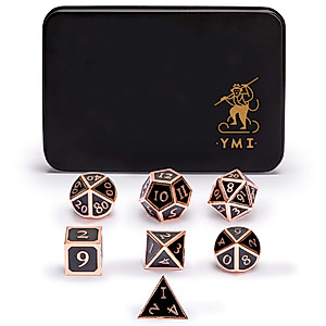 Yellow Mountain Imports Collector's 7 Rose Copper on Black Metal Dice Set with Storage Case, Copper Rose - for Role Playing Games (RPG), DND, MTG, and Other Dice Games - Made