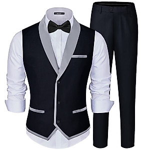 MAGE MALE Men's 2 Piece Suit Slim Fit Formal Business Vest Suit for Men Fashion Casual Wedding Waistcoat Pants Set Black