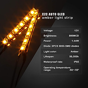 CZC AUTO 6 LED Amber Light Strip for Motorcycle Turn Signal Backup License Plate, 2PCS 12V 6-5050-SMD Waterproof Flexible Yellow Strip Light Bar Universal for Motorcycle ATV UTV Scooter Bike