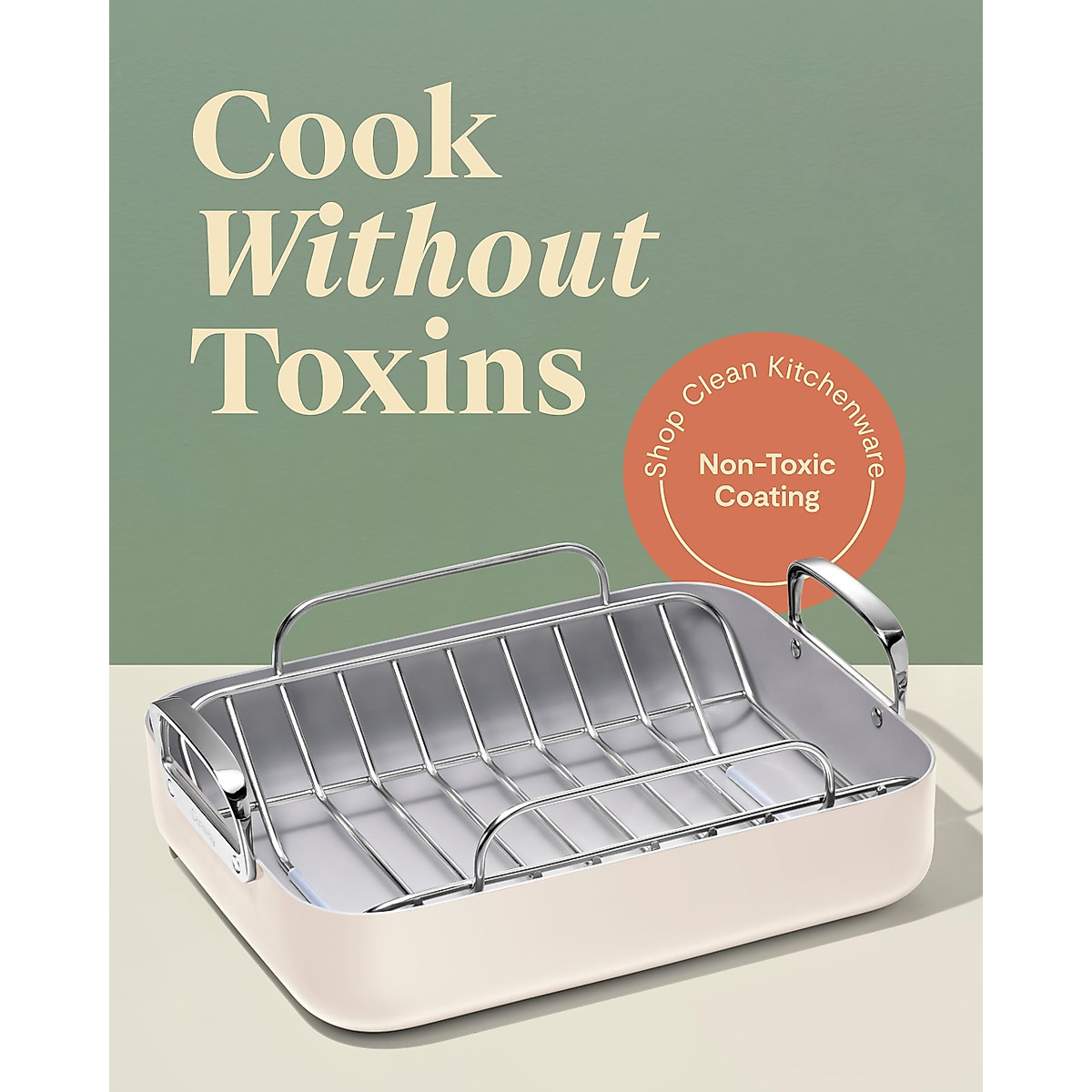 Caraway Roasting Pan - 16x13” Roasting Pan with Rack - Non-Stick Ceramic Coated - Non Toxic, PTFE & PFOA Free - Oven Safe & Compatible with All Stovetops - Cream