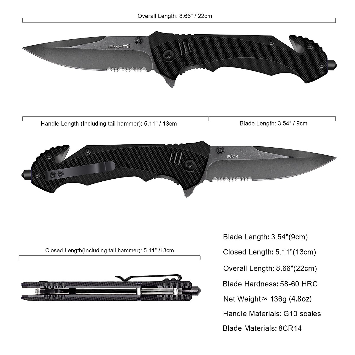 EMHTiii Multitool Folding Pocket Knife with Seatbelt Cutter and Window Glass Breaker - 3.54" Sreated Blade, G10 Scales, Survival Knives for Rescue, EDC Gifts for Men, Black