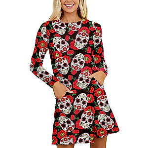 Women Sugar Skull Dresses Day of The Dead Halloween Flare Holiday Dress with Pocket XL