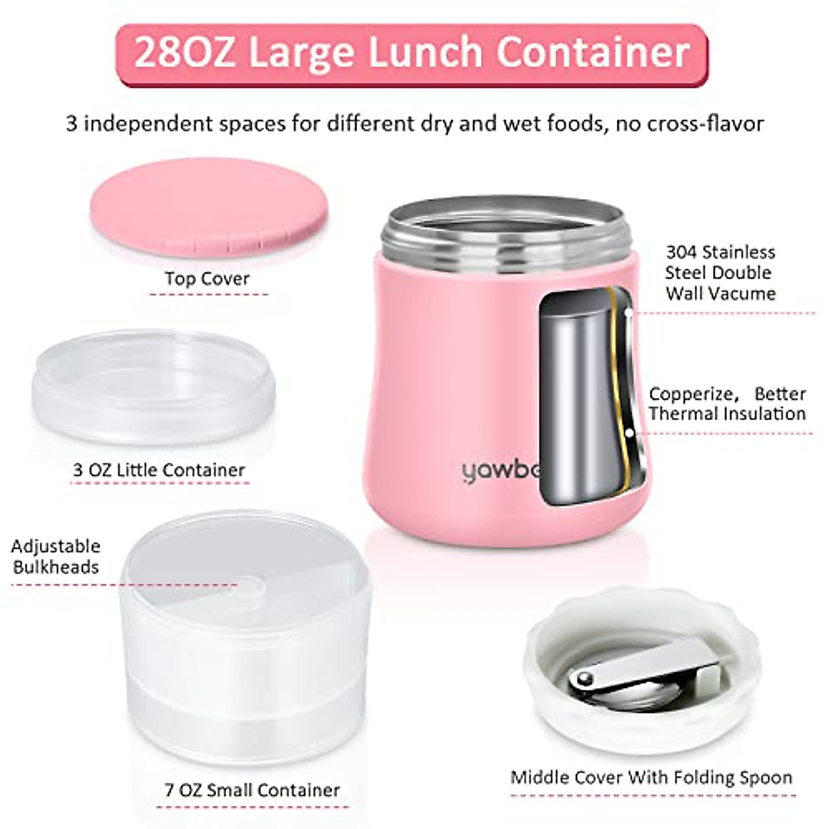 Yawbay Yogurt Container, Insulated Food Container, 2 In 1 Cereal Cup On The Go,Stainless Steel Insulated Food Jar With Spoon, 28oz Thermal Lunch Pot For Soup Yogurt Salad Breakfast Milk Fruit (pink)