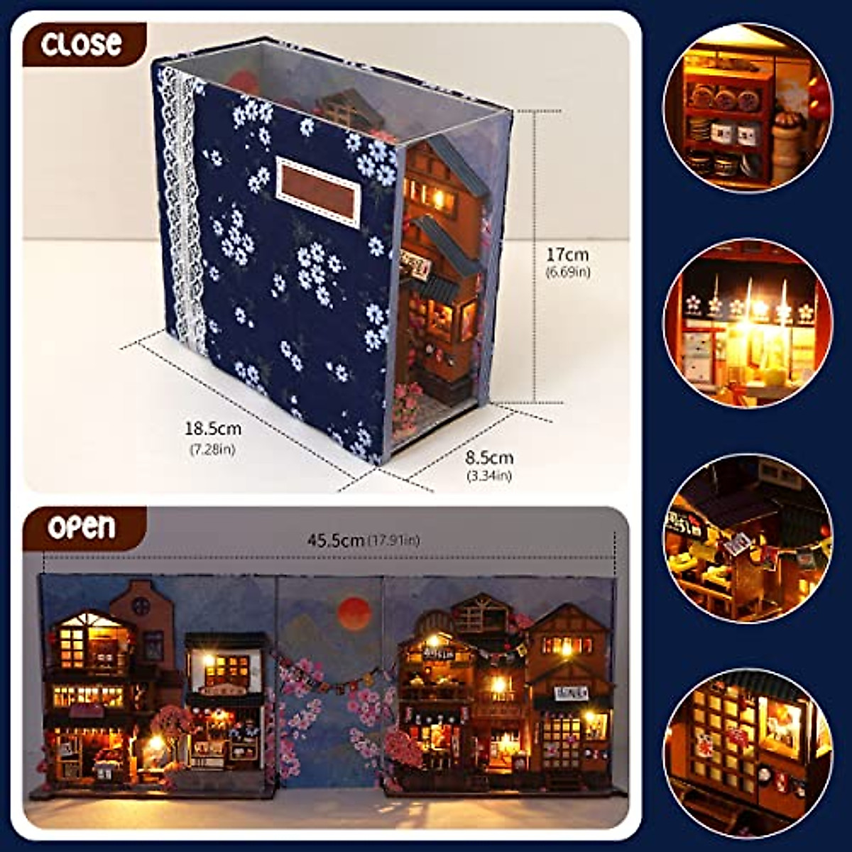 DIY Book Nook Kit, 3D Wooden Puzzle Booknook, Decorative Bookend, Bookshelf Insert Decor Alley with Furniture and LED Light for Birthday Home Desk Décor (Cherry Blossom Alley)