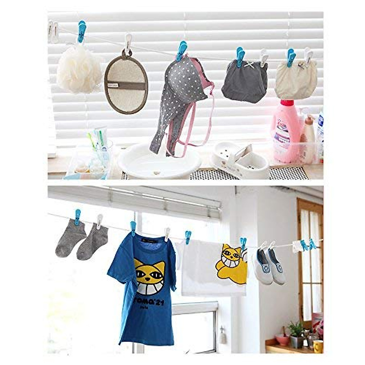 MONSTA Living Spring Clothespins - Plastic Soft Grip, Anti-Slip Clothes Pins with Sturdy Steel Springs - Blue &amp; White Attractive Clothing Line Clips - Top Air-Drying Clothing Pin Set (Pack of 14)