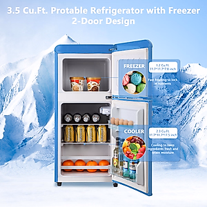 JANREAY Mini Refrigerator with Freezer 3.5 Cu.Ft, Small Refrigerator with 7 Settings Temperature, Adjustable Shelves, 2 Doors, Low Noise, Mini Fridge for Apartment, Bedroom, Office, Dorm Blue