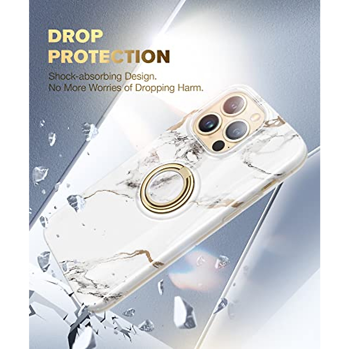 GVIEWIN Case Compatible with iPhone 14 Pro Max 6.7 Inch 2022, Built-in 360°Rotatable Ring Stand, Slim Marble Phone Holder Hard Durable Shockproof Protective Kickstand Cover Case(White/Gold)