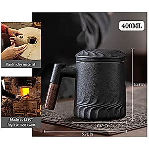 Shimkong Handle Tea Mug, Chinese Ceramic Tea Cup with Infuser and Lid, 13.5oz (Black)