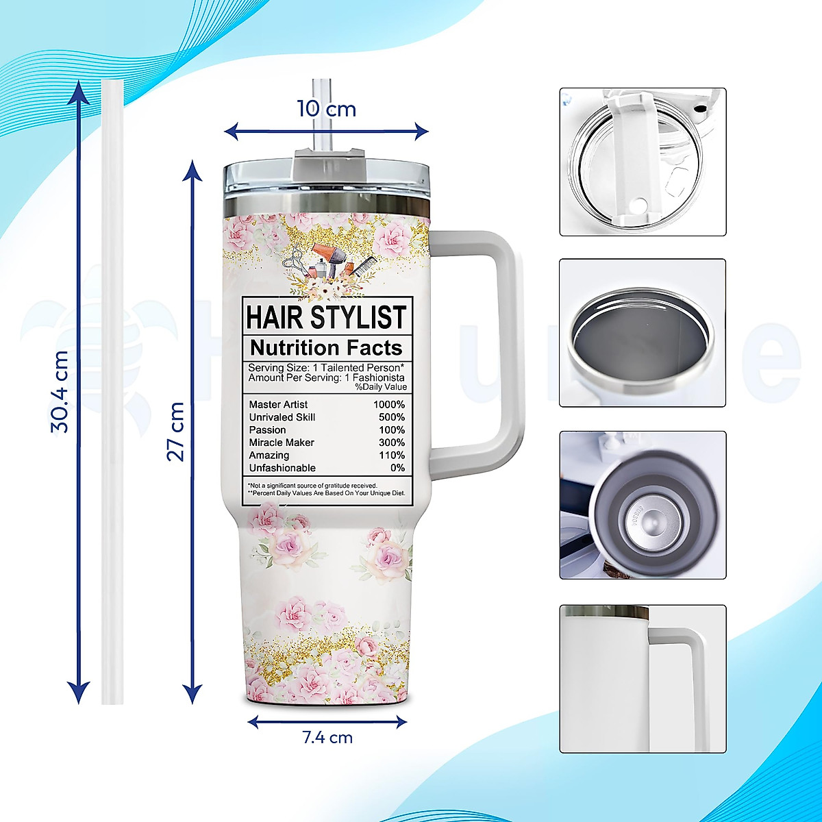 Hyturtle Personalized Coffee Tumbler Hairstylist Customized Name 40 oz Tumbler with Handle and Straw Lid, Birthday Gifts For Hairdressers Men Women Insulated Mugs Wine Tumblers Stainless Steel Cups