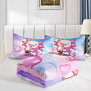 HOSIMA Pink Rainbow Comforter Set Twin Size,Cute Axolotl Drink Milk Tea Pattern Comforter Set Sea Animal Theme Bedding 3pcs for Kids Girls Room Decor,Kawaii Bedding Set with 2 Pillowcases.