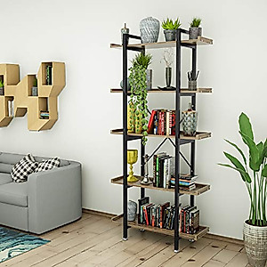 SEISSO 5 Tier Bookcase, Open Bookshelf Metal Shelving Unit Etagere Bookcase Solid Tube Wood Shelves Rustic Bookshelf Modern Style Bookcase Furniture for Home Office Living Room 37" x 31.5" x 11.8"