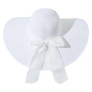 Lanzom Womens 5.5 Inches Big Bowknot Straw Hat Large Floppy Foldable Roll up Beach Cap Sun Hat UPF 50+ Fit Size 6 8/7-7 1/4(White)
