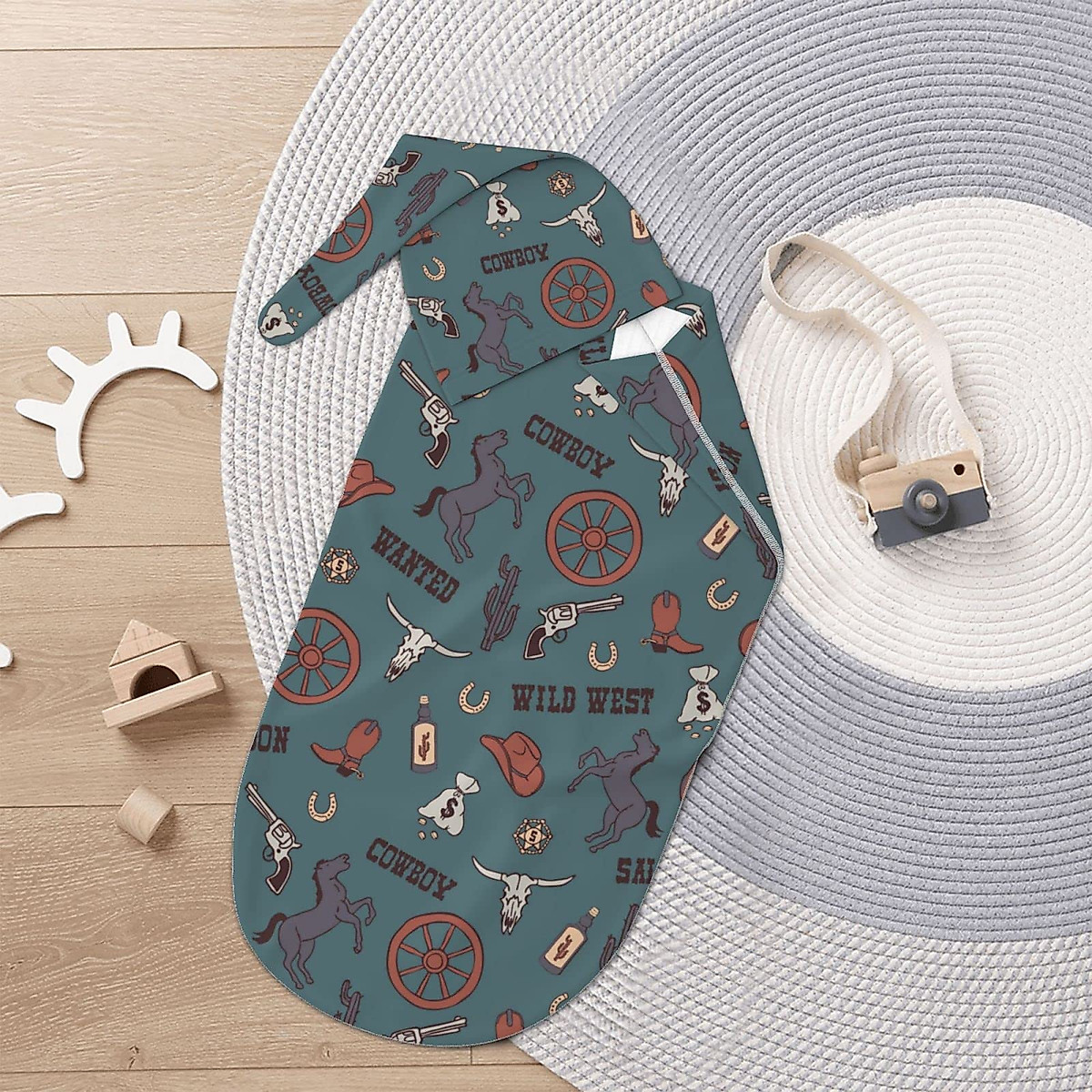 Qwalnely Swaddling Blanket for Baby, Sleeping Sacks, Unisex Baby Stuff with Hat, Western