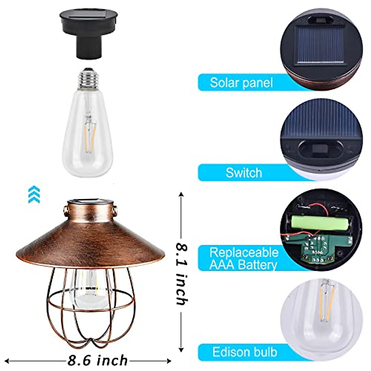 Solar Lantern Outdoor Hanging Lights Waterproof Garden Decor Led Metal Landscape Hanging Lantern for Patio Garden Porch Backyard (Copper 04)