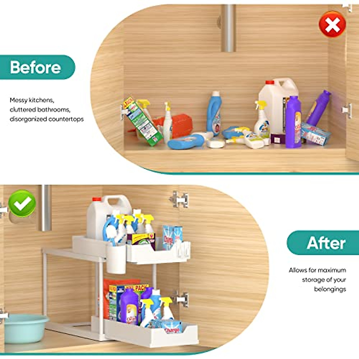 Jincancan Under Sink Organizers and Storage - Double Sliding Under Sink Organizers and Storage - 2 Tier Under Cabinet Organizer with 4 Hooks, Hanging Cup, Under Sink Storage for Kitchen (White)