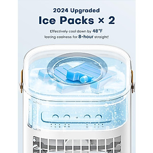 TEMEIKE 4-IN-1 Personal Air Conditioner w/Remote, 2 Ice Packs, 1200ML Tank, 7H Timer for Smart Auto-Off,2 Cool Mist,3-Speed Small Portable Air Conditioner, 7-LED Light Evaporative Air Cooler for Room