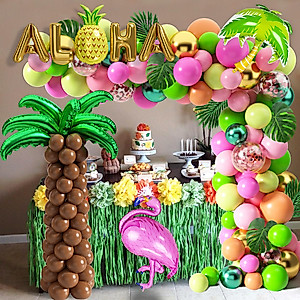 Tropical Luau Balloons Arch Garland Kit Luau Party Decorations with Palm Leaves Flamingo Palm Tree Aloha Foil Balloon Coconut Balloons Set for Tropical Hawaiian Aloha Luau Flamingo Party (Aloha-A)