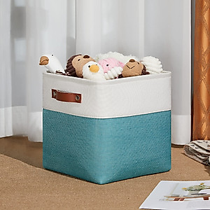 DULLEMELO Foldable Storage Cubes 11 x 11 Organizer Bins,Canvas Storage Bins Empty Gift Baskets for Organizing with SturdyLeather Handles, Closet Baskets for Nursery Storage(4 Pack - 11" White&Teal)