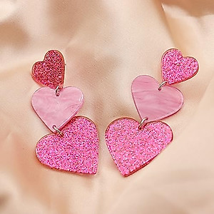 Pink Heart Earrings for Women,Double Heart Drop Earrings Y2K Lover Heart Dangle Earrings Summer Beach Acrylic Candy-colored Earrings Valentine's Day Jewelry Gift (pink)