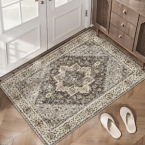 Tangsoo Vintage Rug 2x3 Washable Rug for Entryway, Non Slip Small Area Rug, Indoor Front Door Rug, Print Distressed Grey/Brown Door Mat Carpet, Soft Low Pile Rugs for Entrance Kitchen Bedroom Bathroom