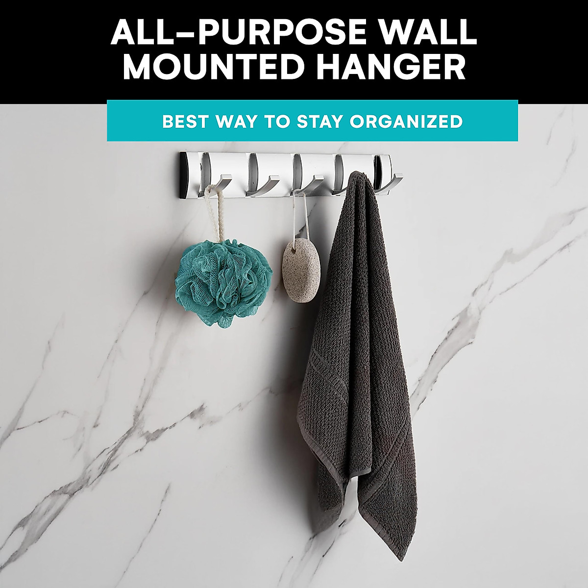 Room/Dividers/Now | Coat Hanger Wall Mount with 5 Retractable Hooks - Space-Saving Wall Coat Rack - Aluminum Hook - Low-Profile Hanging Solution for Home Decor and Organization - Silver