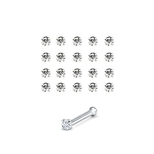 20 Pack 925 Sterling Silver Nose Bones Rings 1mm Clear stone 22G