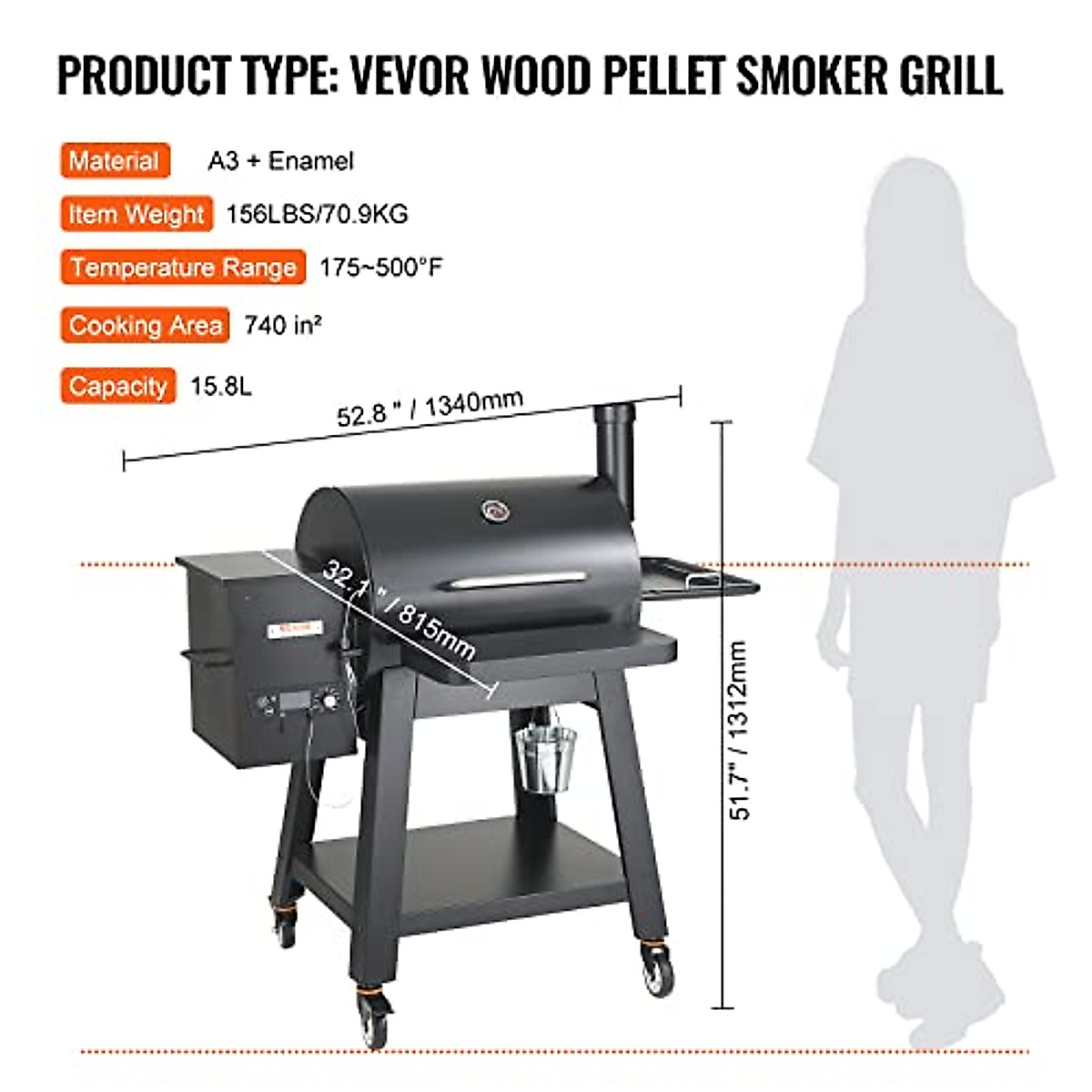 VEVOR Smoker Grill, Portable Wood Pellet Grill with Cart, 8 IN 1 BBQ Grill with PID Temperature Control for Outdoor Cooking, Barbecue Camping, Picnic, 730 sq, Patio and Backyard, Black