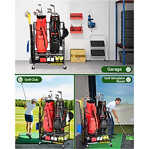 FHXZH Golf Bag Storage Garage Organizer- Golf Bag Stand Fit for 2 Golf Bags and Golf Clubs, Golf Balls, Golf Equipment Accessories, Extra Large Golf Bag Storage Rack for Garage, Club, Shed, Basement