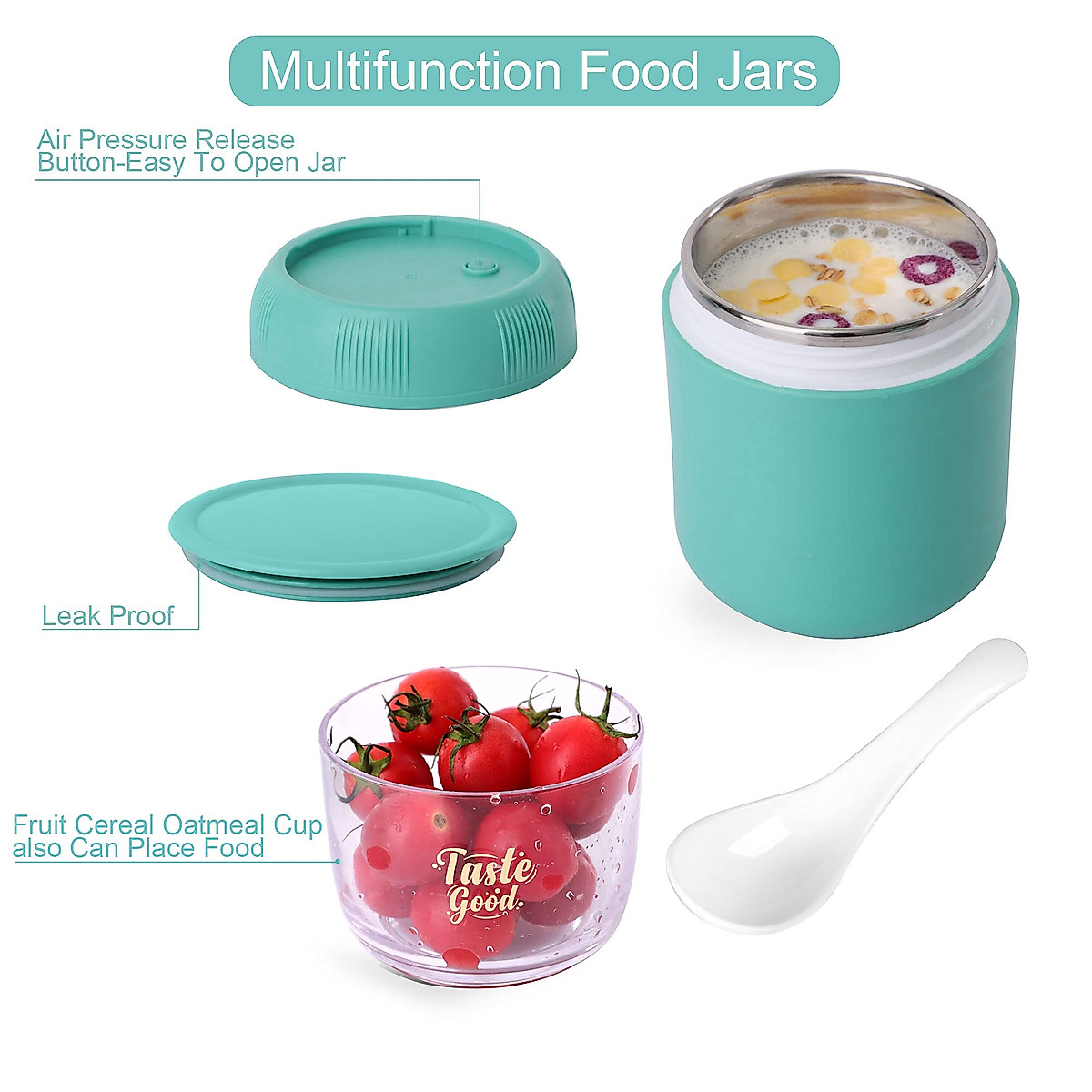 HiDiT Yv Insulated Food Container,Soup Thermo Stainless Steel Vacuum Insulated Food Jar,Width Mouth Kids Lunch Box with Spoon for Cold &Hot Food Lunch Container for School Outside Cyan